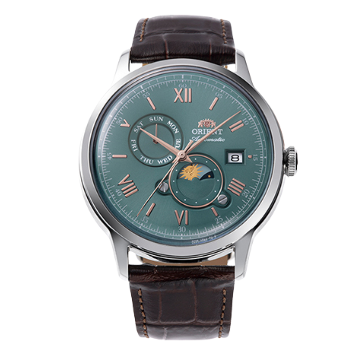 Orient RA-AK0805E Bambino Sun & Moon Automatic Green Dial Leather Watch ...
