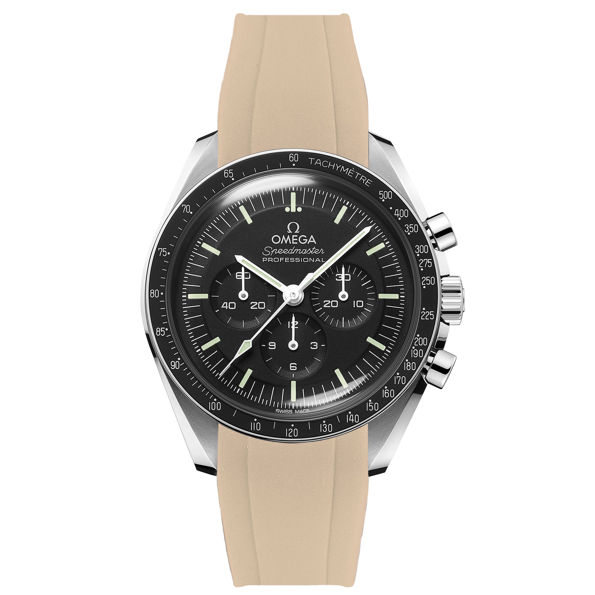 Beige Curved End Rubber Watch Strap for Omega Speedmaster Moonwatch