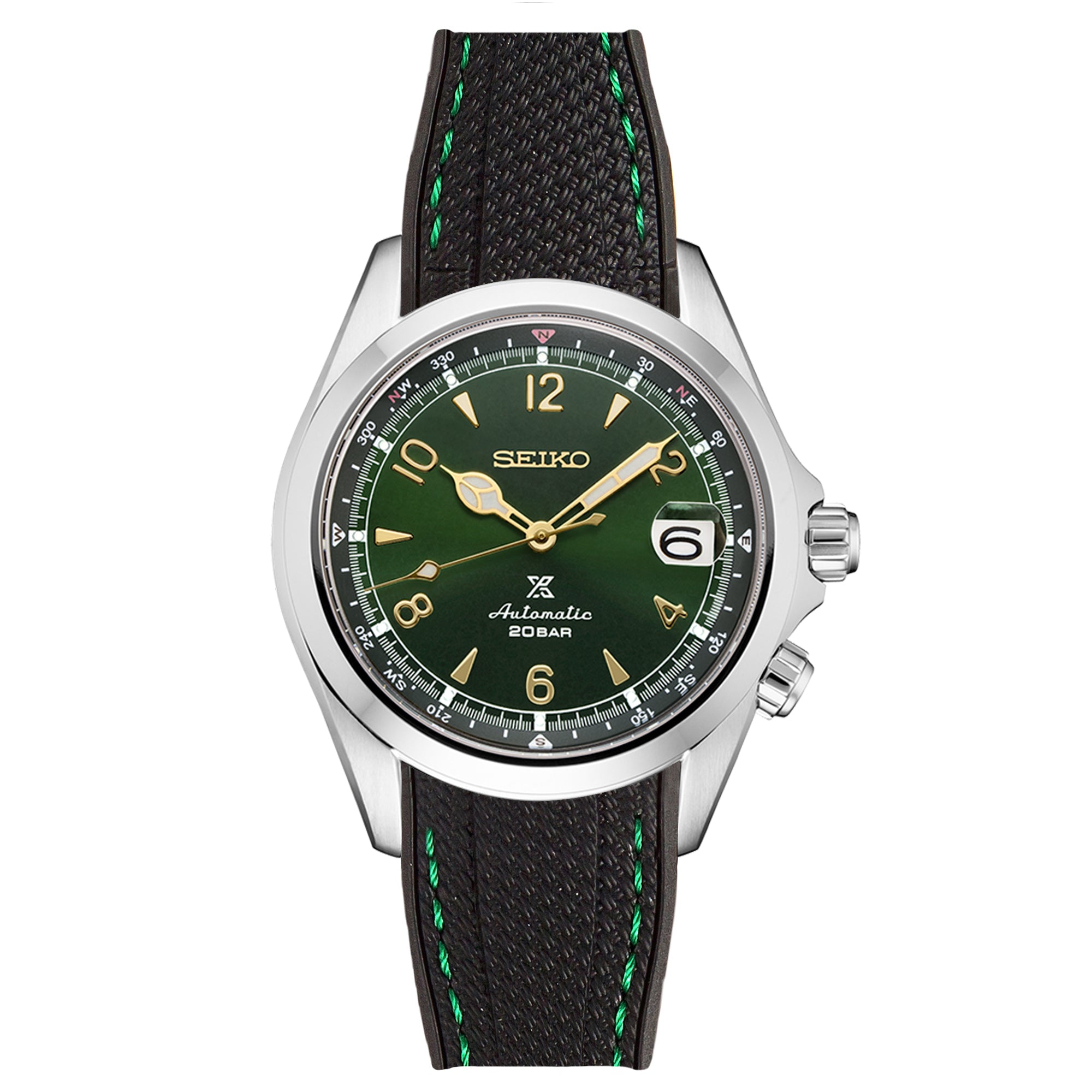 Textured Curved End Rubber Strap for Seiko Alpinist - Black with Green ...