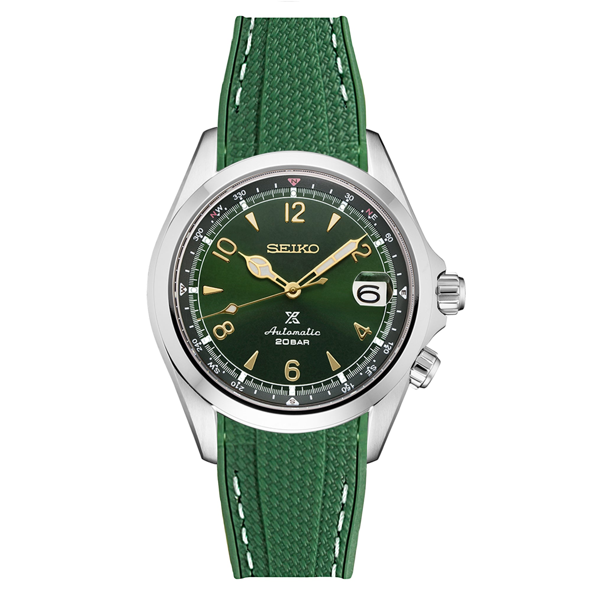 Textured Curved End Rubber Strap for Seiko Alpinist - Dark Green with ...