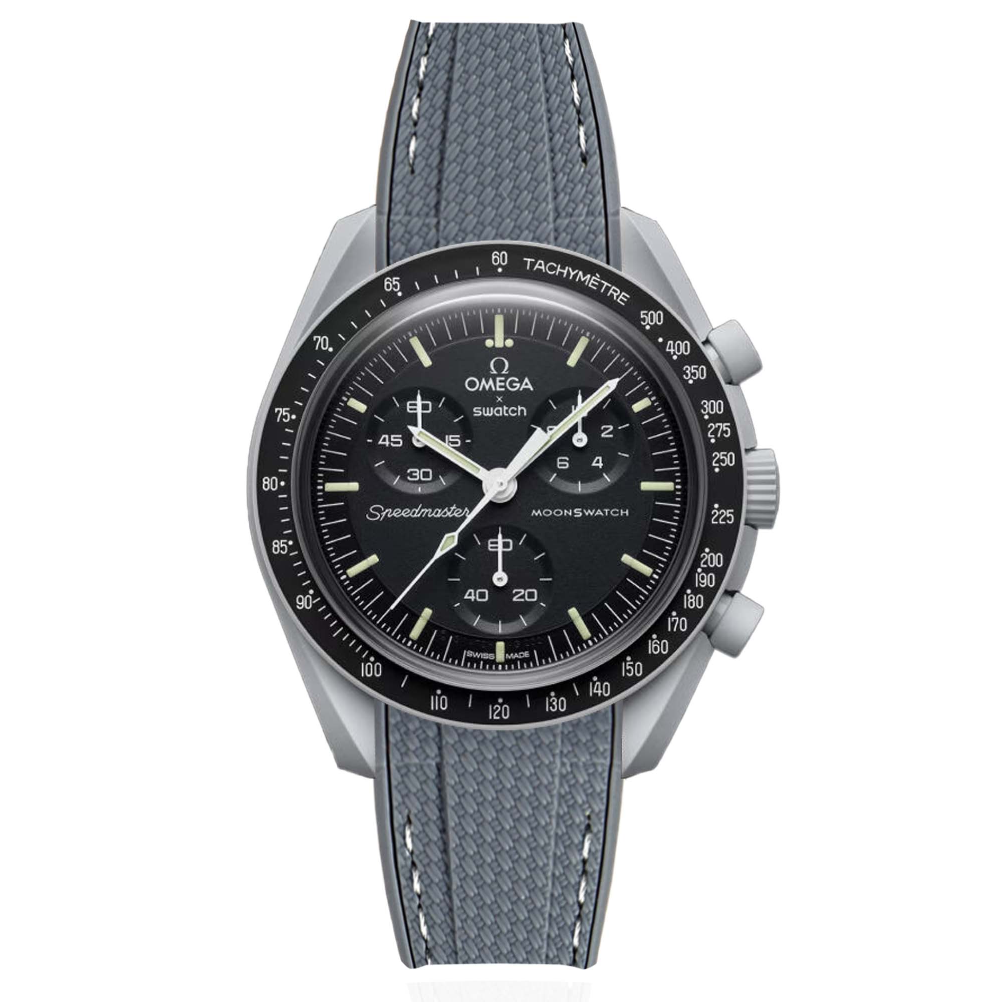 Grey with White Stitch Curved End Rubber Watch Strap | Omega x Swatch ...