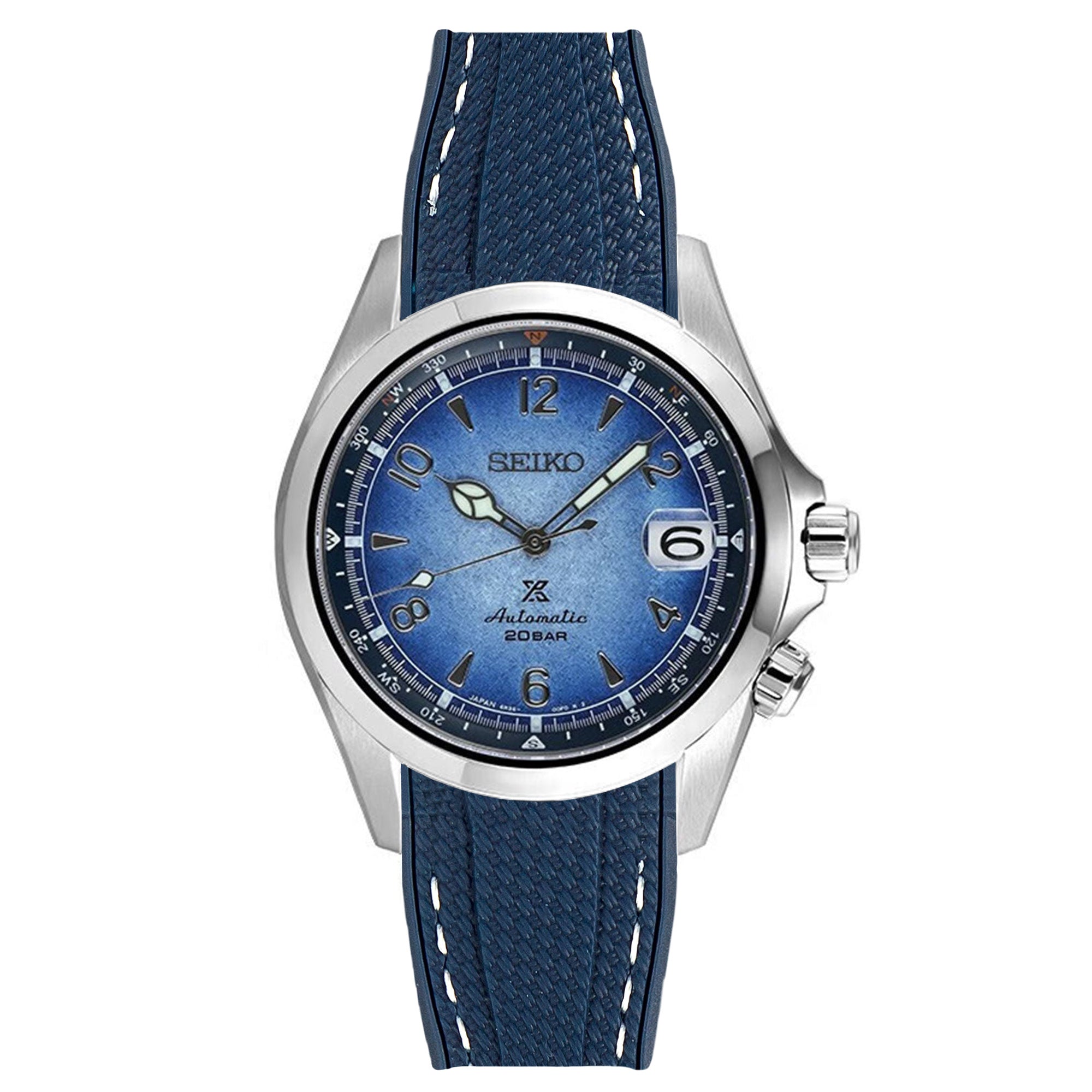Textured Curved End Rubber Strap for Seiko Alpinist - Navy with White ...