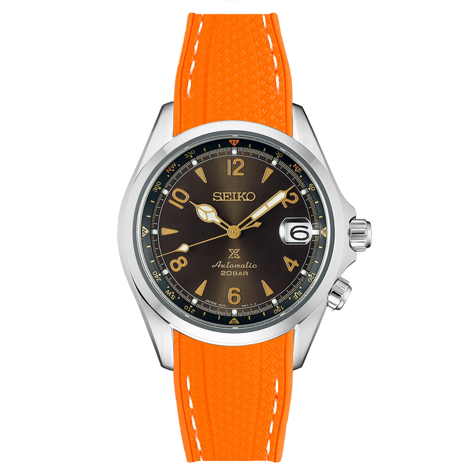 Textured Curved End Rubber Strap for Seiko Alpinist - Orange with White ...