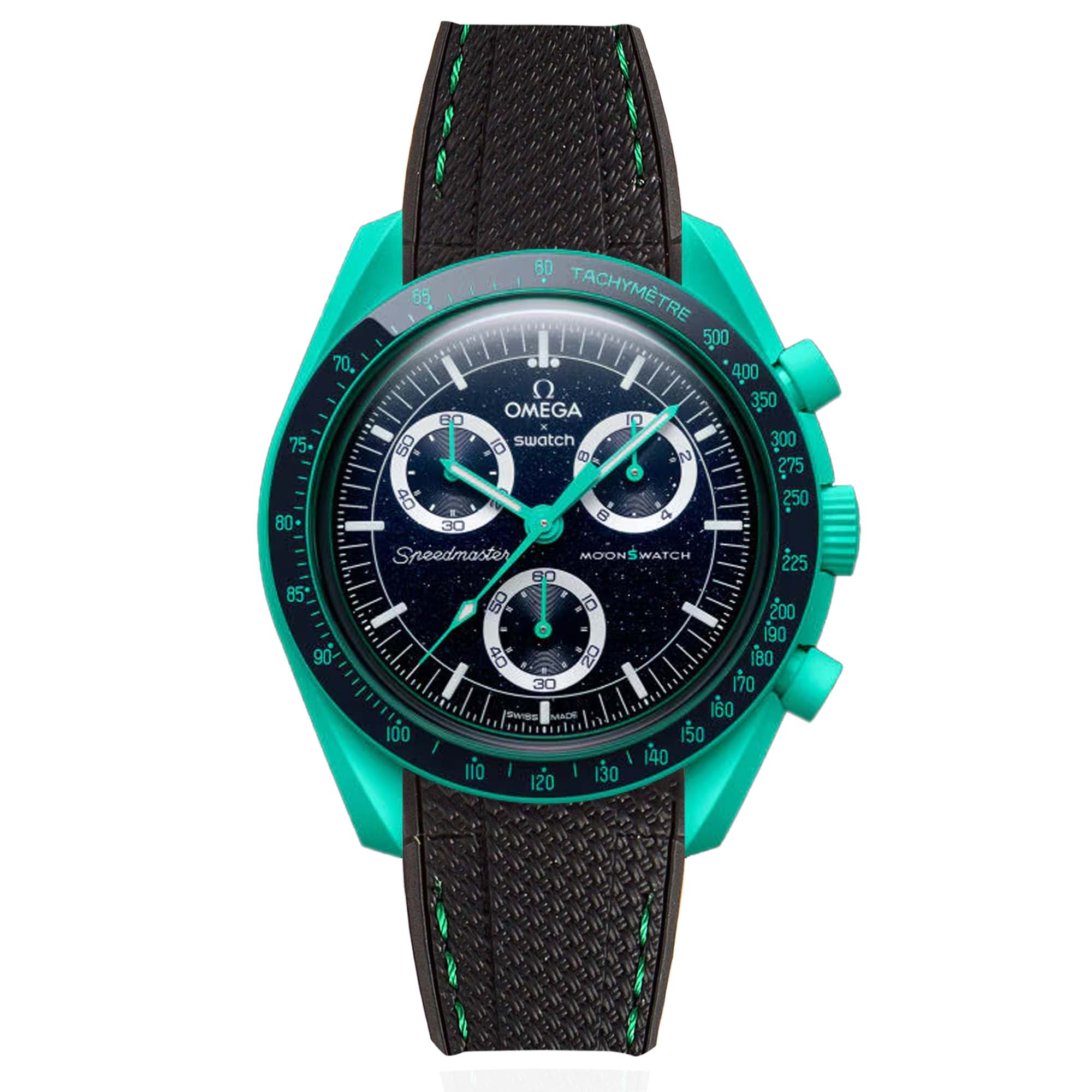 Black & Blue Stitched Curved End Rubber Band | Omega x Swatch ...