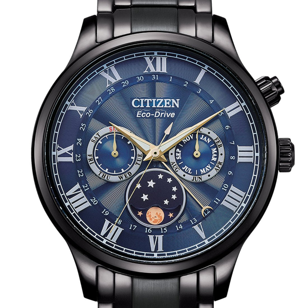 Citizen AP1055-87L Eco-Drive Blue Dial Moon Phase Black Band Watch (PRE ...